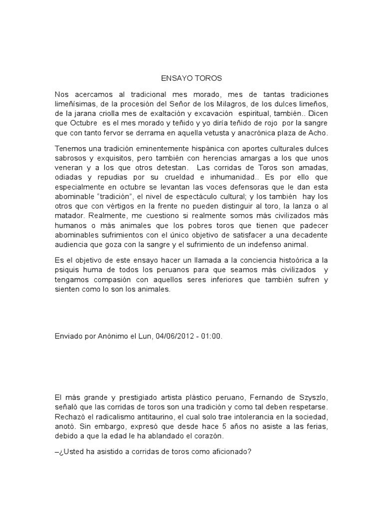 Ensayo Toros | PDF | Toreo | Tolerancia
