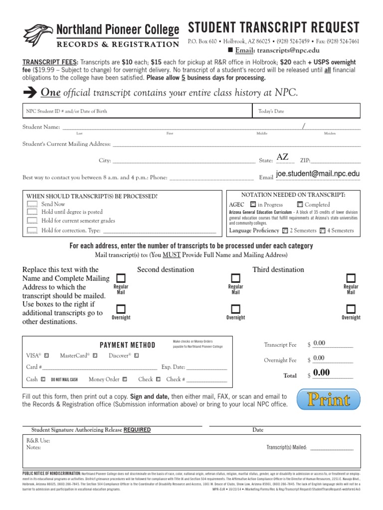 Student Transcript Request | PDF | Mail | Post Office Box