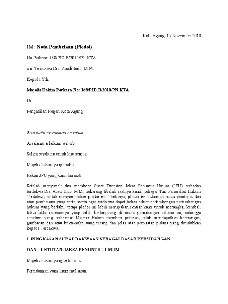 Nota Pembelaan (Pledoi) | PDF