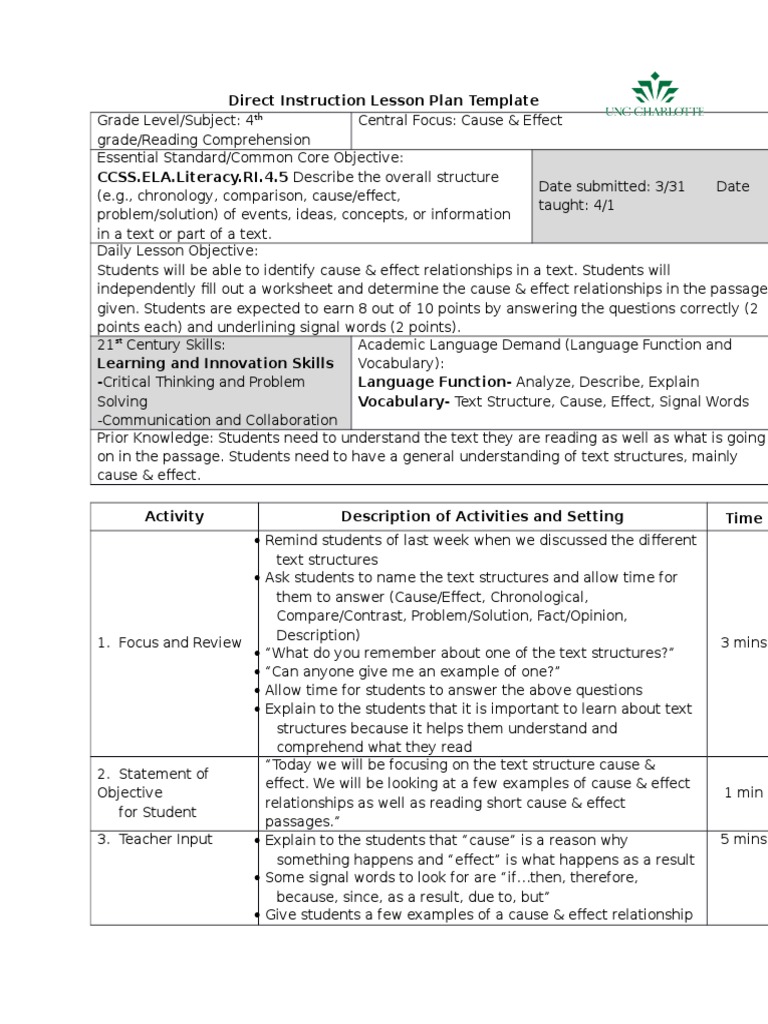 Cause And Effect Lesson Plan For High School