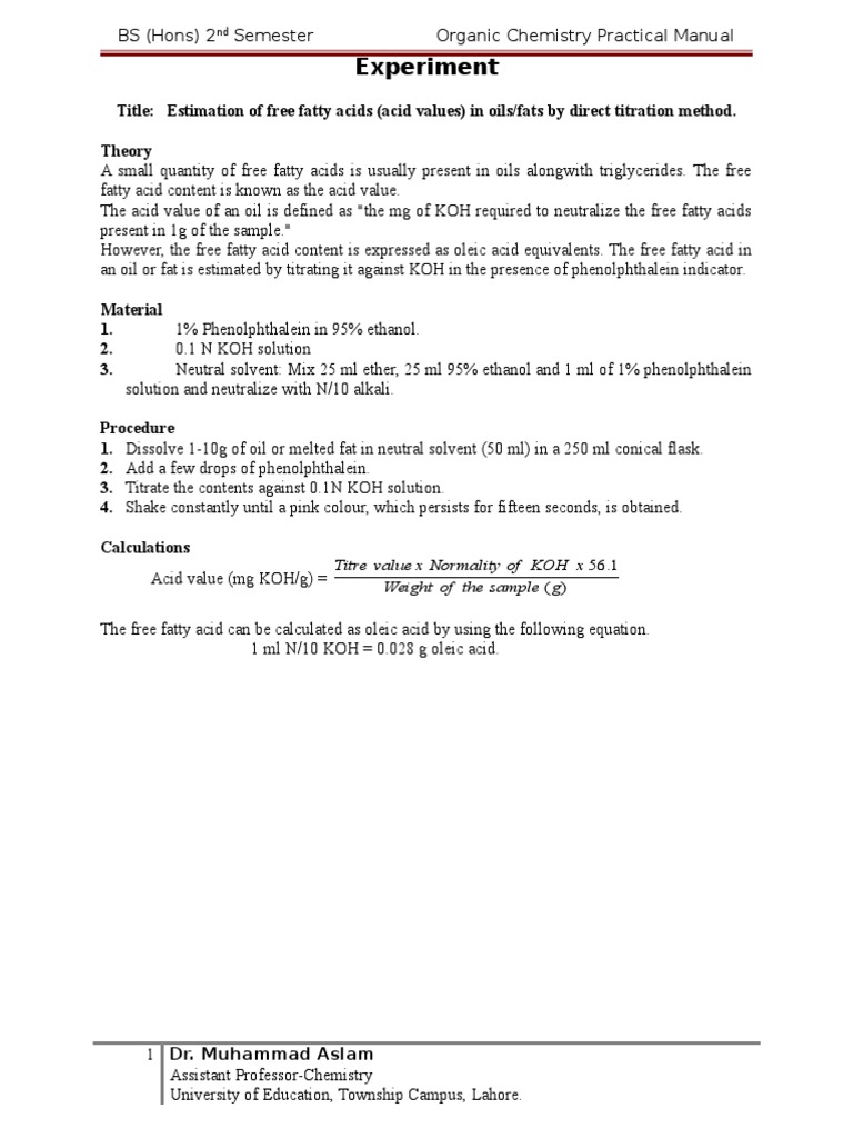 Free Fatty Acid Estimation by Titration | PDF | Science & Mathematics