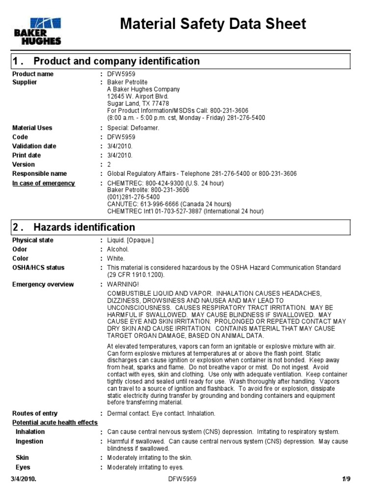 Defoamer MSDS | PDF | Toxicity | Firefighting
