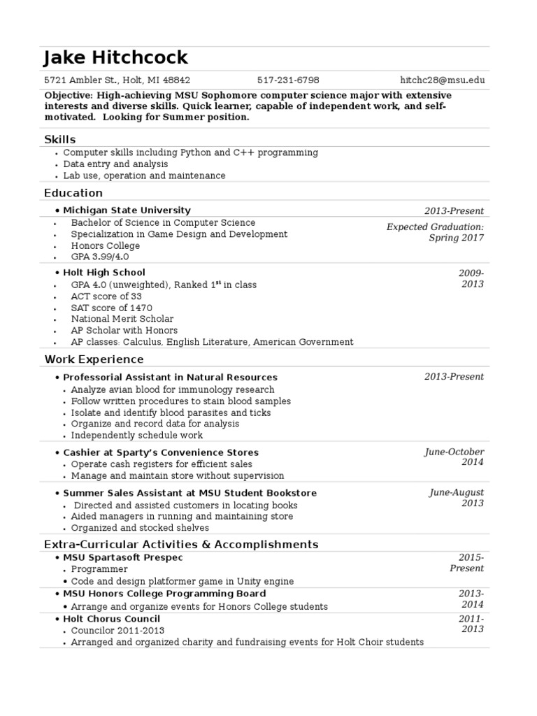 MSU Computer Science Student Resume | PDF