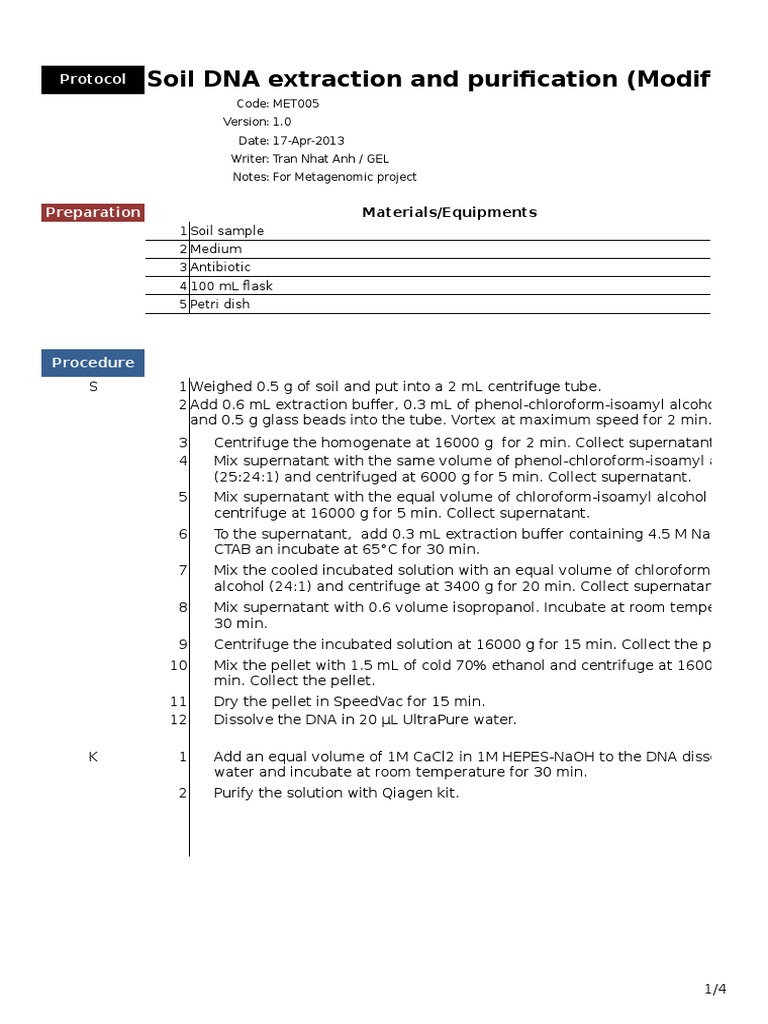 MET005 Soil DNA Extraction (Modified Method) | PDF | Centrifuge ...