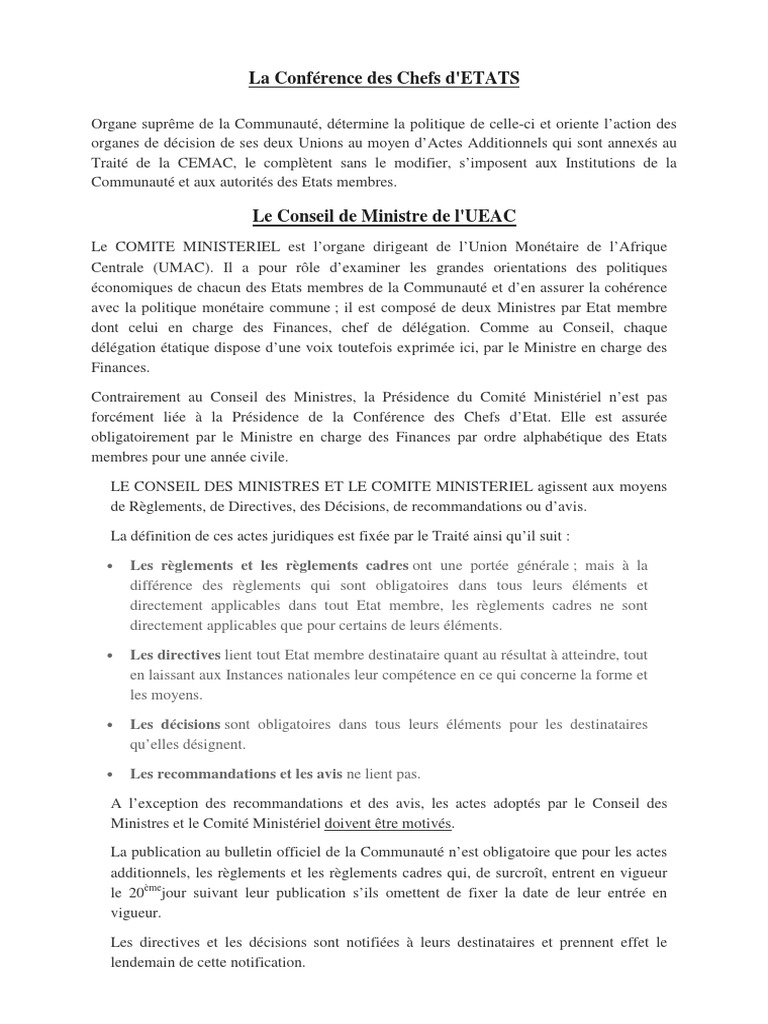 Institutions de La CEMAC PDF | PDF | Directive (Union européenne) | Actionnaire