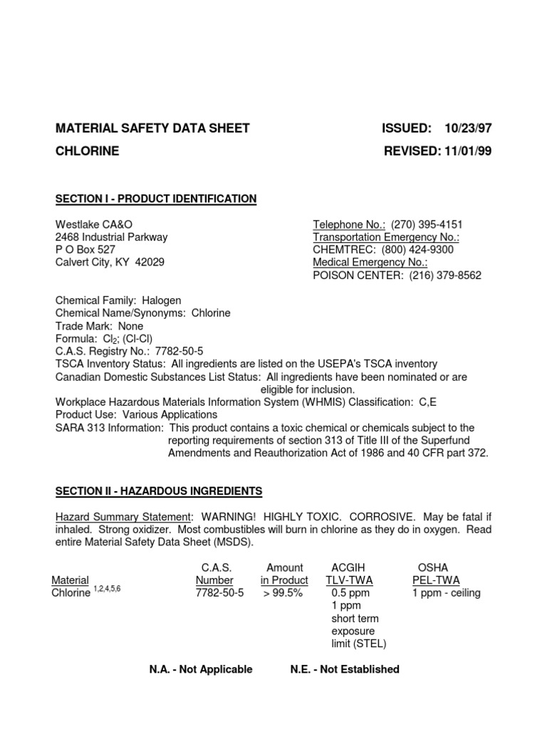 MSDS Chlorine | PDF | Chlorine | Explosive Material