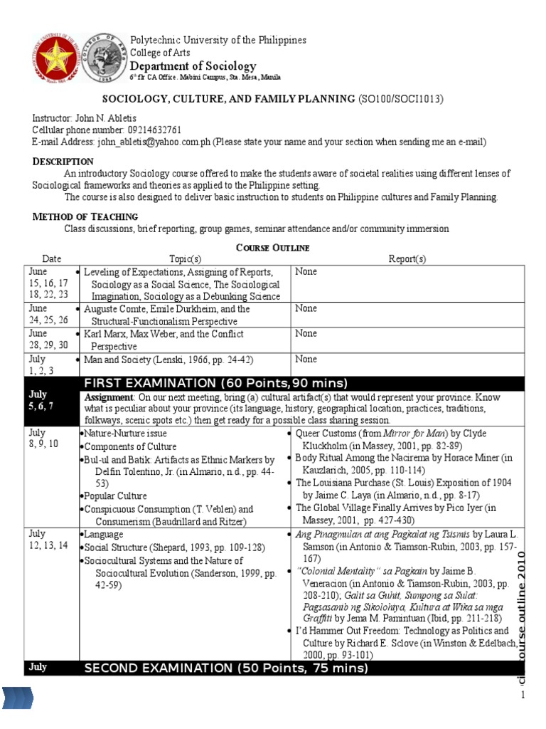 Introductory Sociology Course Syllabus From PUP Mabini Campus Sta Mesa ...