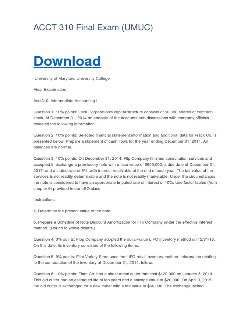 Acct 310 Final Exam (Umuc) | PDF | Tax Expense | Depreciation