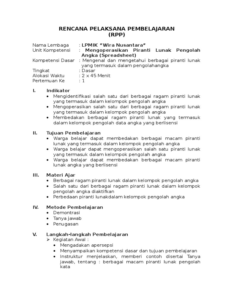 RPP Spreadsheet (Excel) | PDF