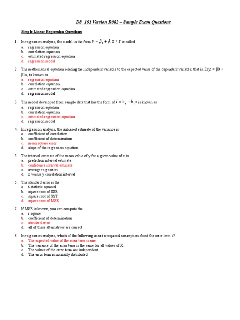Sample Exam 2 Questions | PDF | Regression Analysis | Errors And Residuals
