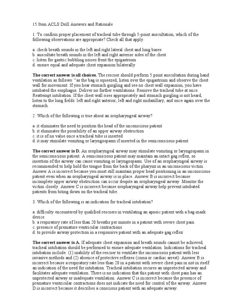 15 Item ACLS Drill Answers and Rationale | PDF | Cardiopulmonary ...