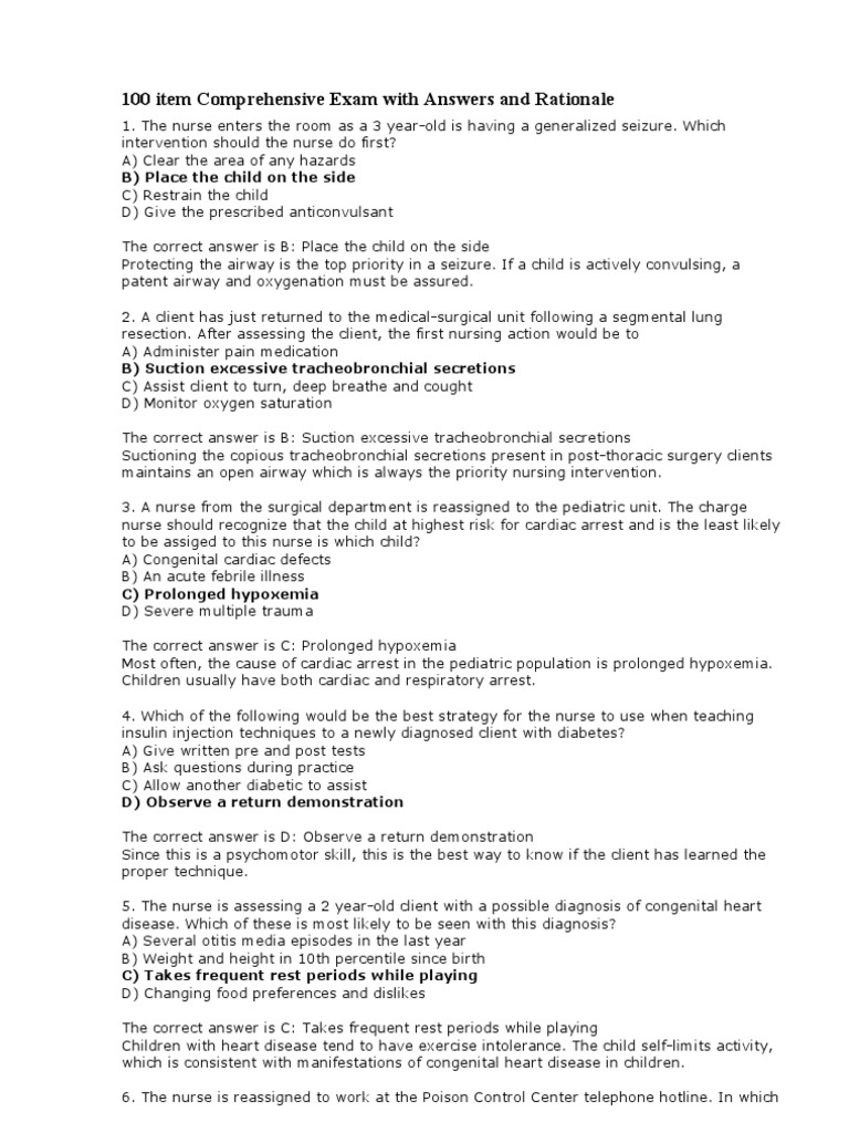 100 Item Comprehensive Exam With Answers and Rationale | PDF ...