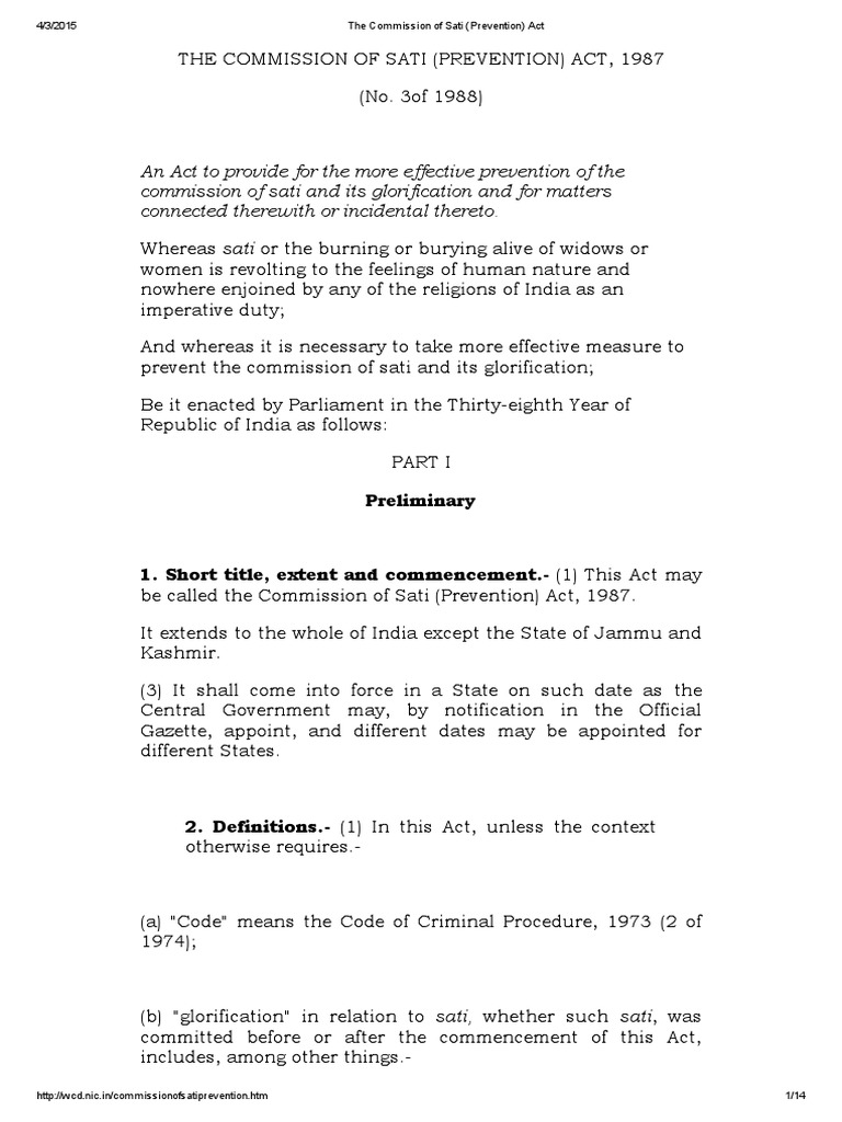 The Commission of Sati (Prevention) Act PDF | Download Free PDF | Prosecutor | Crime & Violence