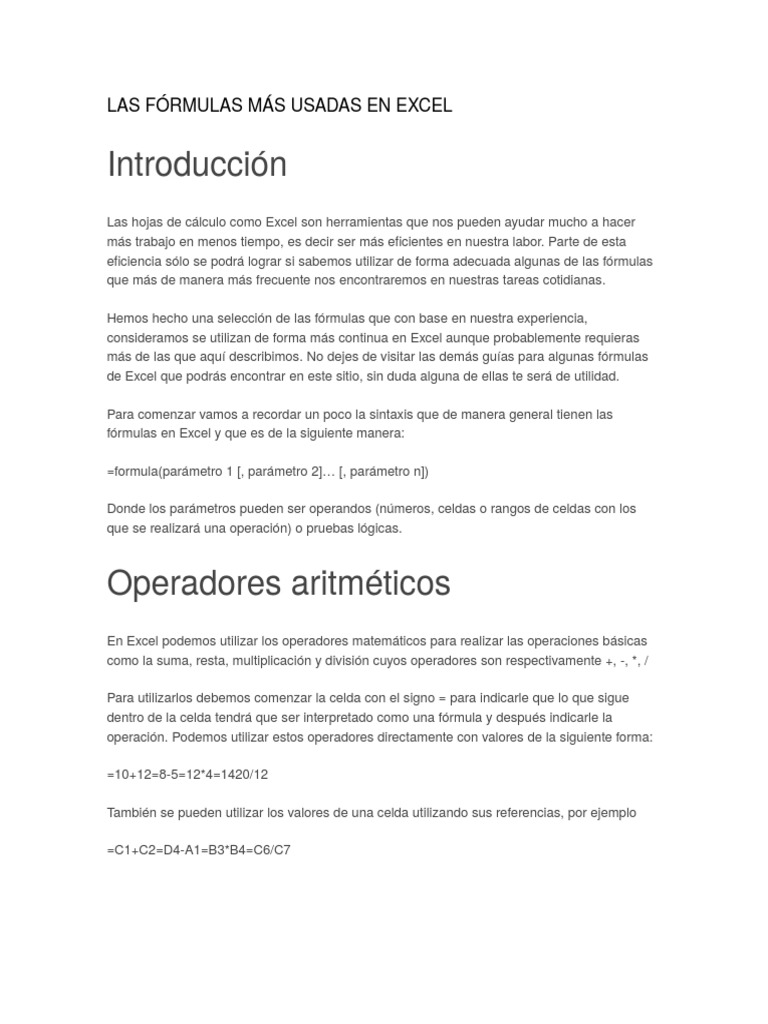 Las Fórmulas Más Usadas en Excel | PDF | Hoja de cálculo | Fórmula