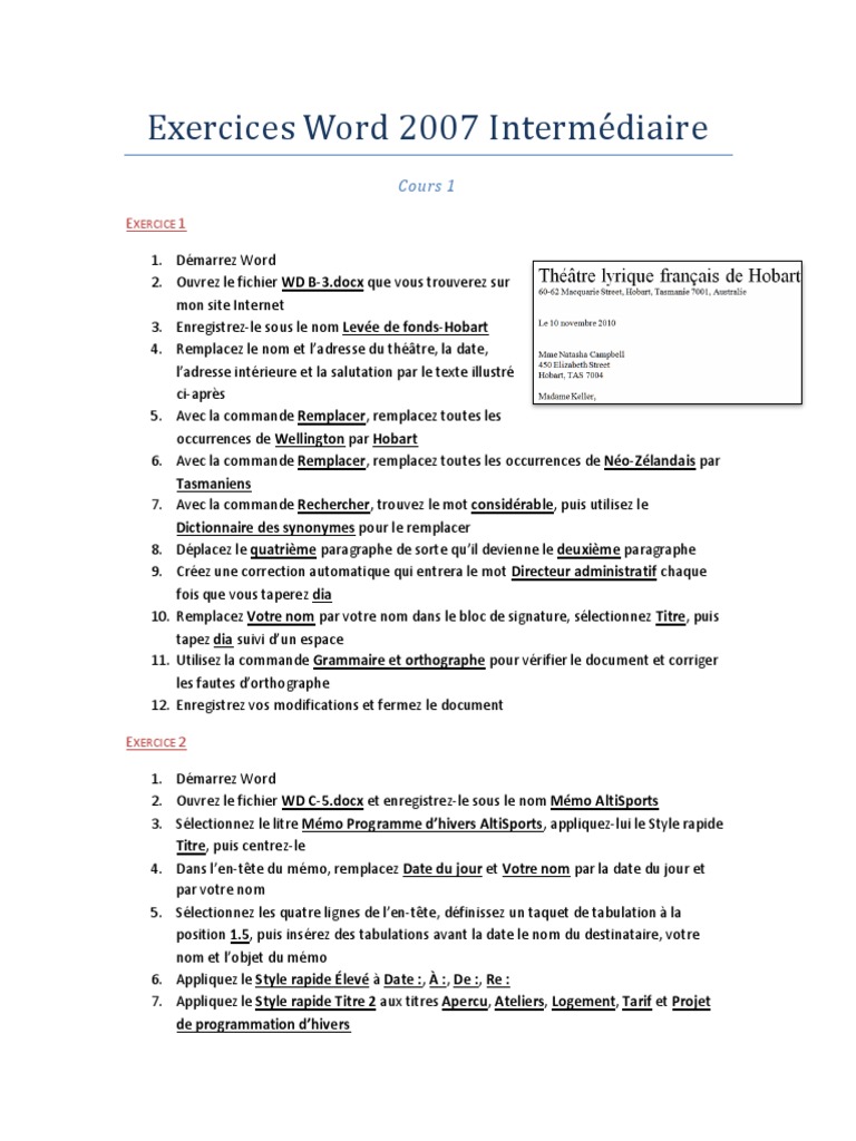 Exercice Word 2007 Intermédiaire Cours 1 | PDF | Microsoft Word | Science