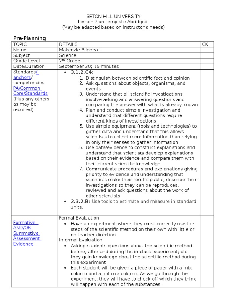 2nd Grade Science Lesson Plan Template | PDF | Scientific Method ...