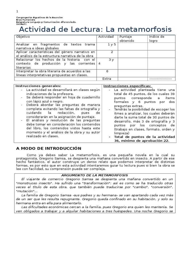 Actividad de Lectura 1 - Leng-Diferenciado - 4to - La Metamorfosis ...