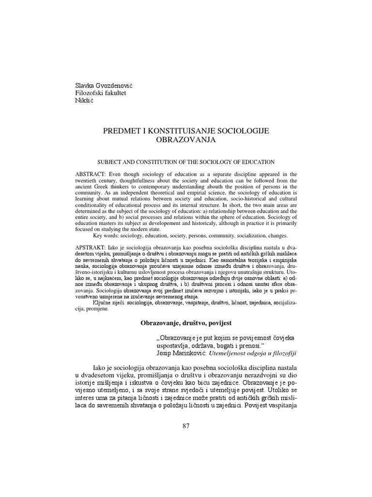 Gvozdenovic, S., Predmet I Konstituisanje Sociologije Obrazovanja | PDF