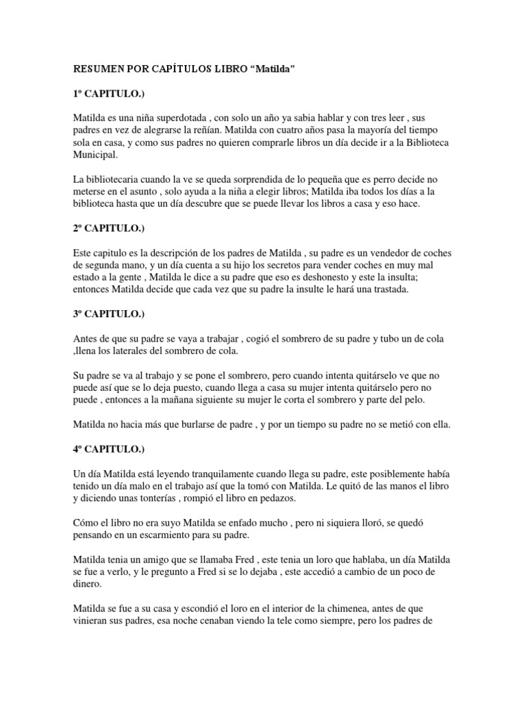 Resumen Libro Matilda | PDF | Novelas infantiles británicas | Novelas británicas adaptadas a ...