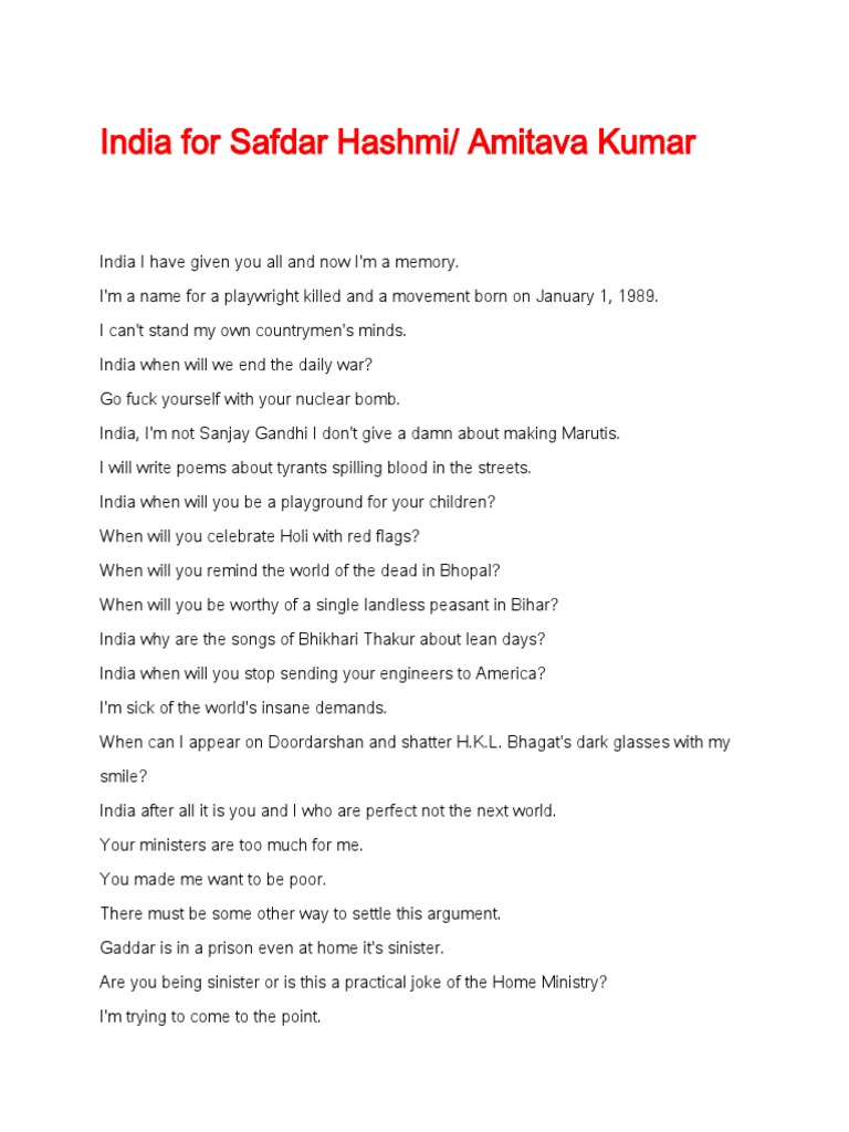 Safdar Hashmi's India - A Searing Critique in Free Verse | PDF ...
