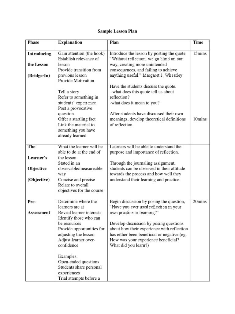 Reflection Sample Lesson Plan | PDF | Lesson Plan | Educational Assessment
