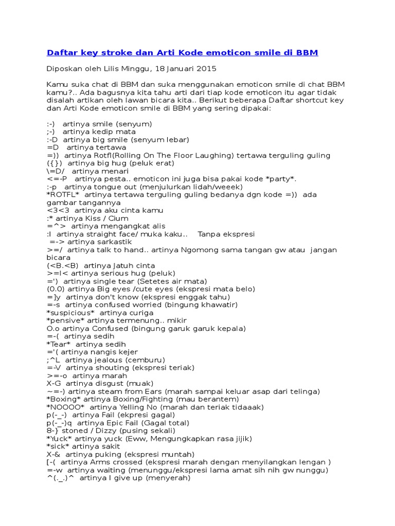 Daftar Key Stroke Dan Arti Kode Emoticon Smile Di BBM | PDF