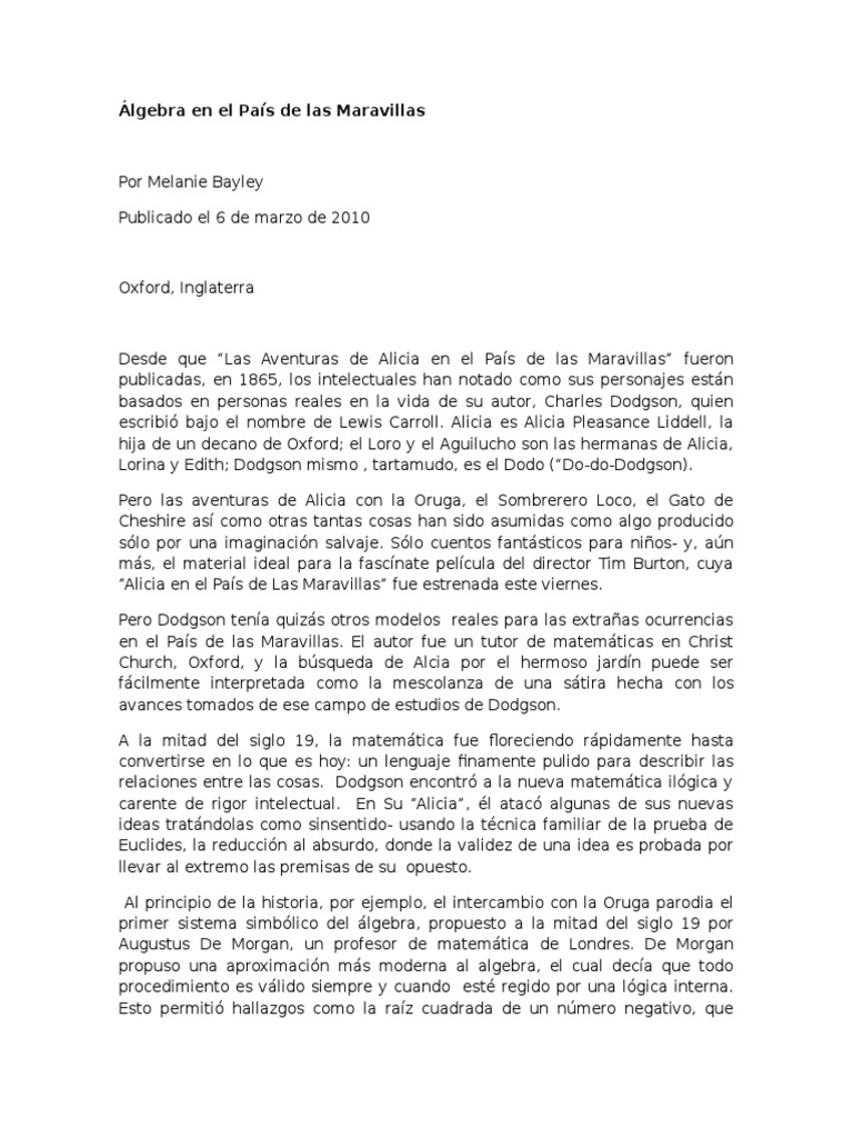 Álgebra en El País de Las Maravillas | PDF | Las aventuras de Alicia en ...