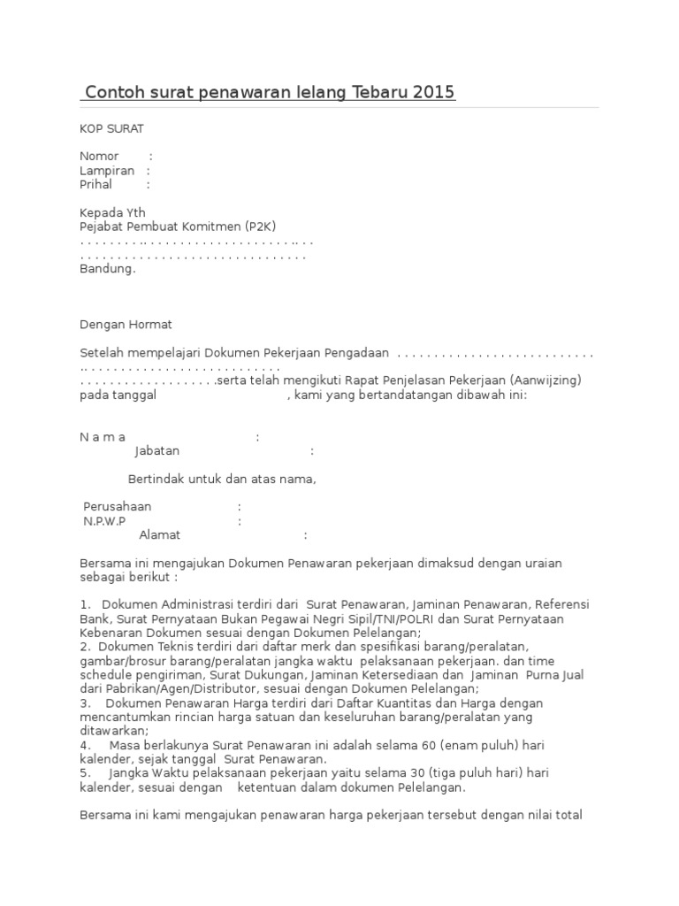 Contoh Surat Penawaran Lelang Tebaru 2015 | PDF