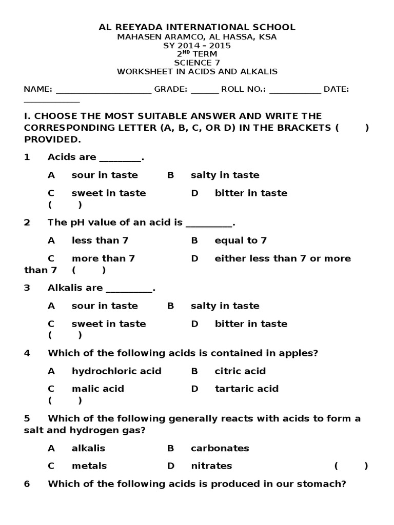 Worksheet Acids and Alkalis | Acid | Taste