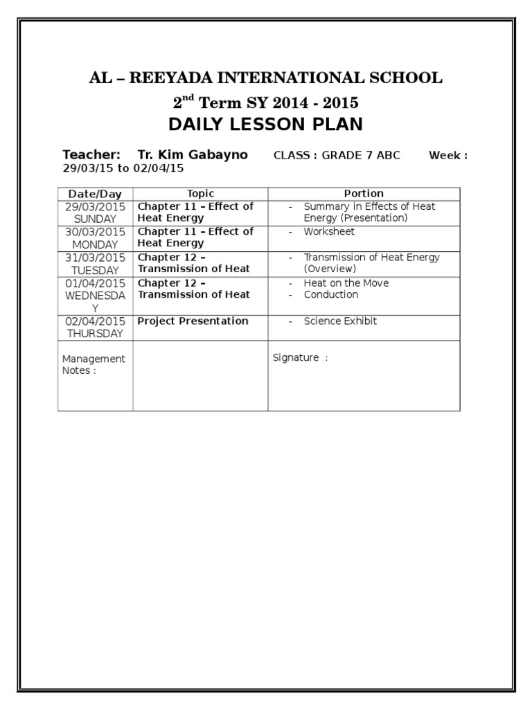 Daily Lesson Plan: Al - Reeyada International School 2 Term SY 2014 ...
