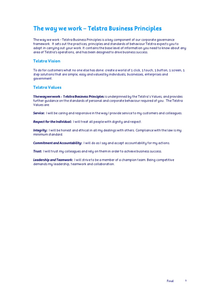 Telstra Business Principles | PDF | Regulatory Compliance | Corporate ...
