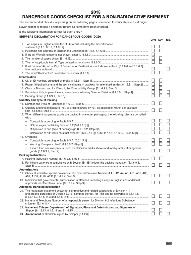 Acceptance Checklist Non Rafgdioactive En | Dangerous Goods | Cargo