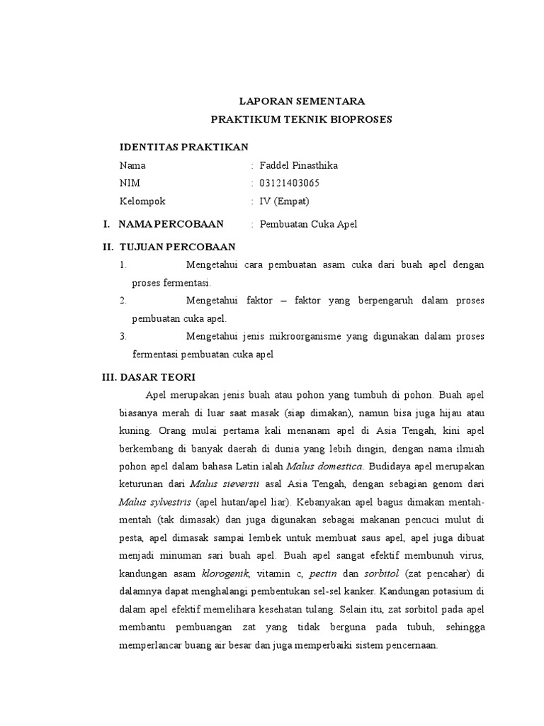 Laporan Pendahuluan Cuka Apel Faddel | PDF