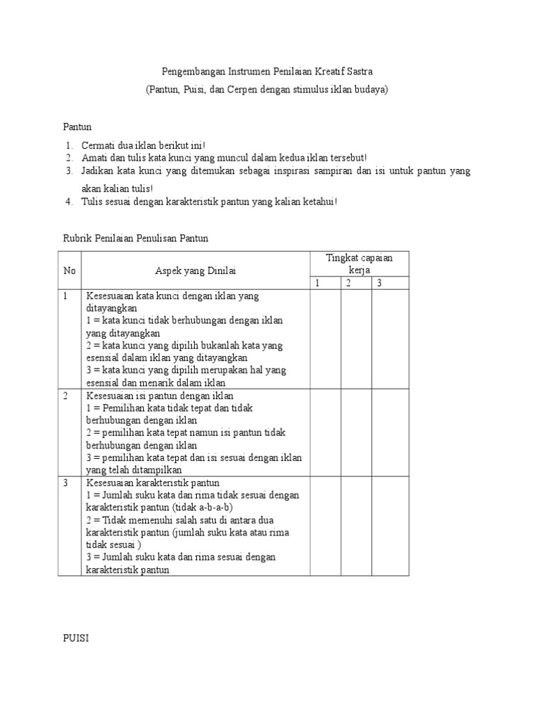 Contoh Instrumen Asesmen Menulis Kreatif | PDF