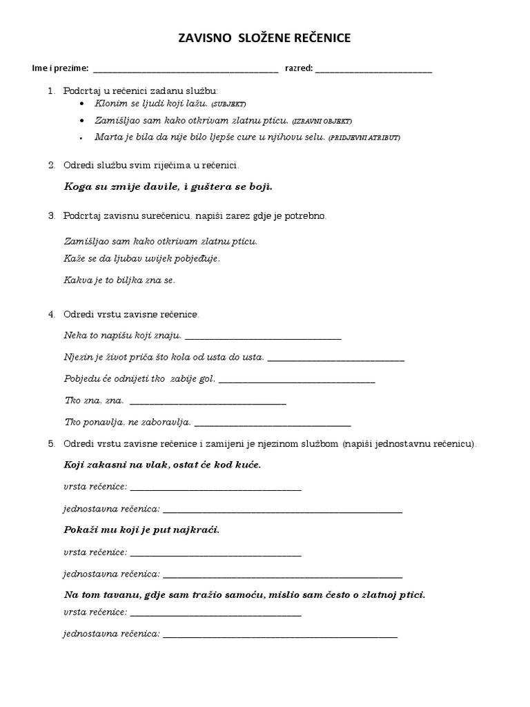 Zavisno Slozene Recenice Kontrolni