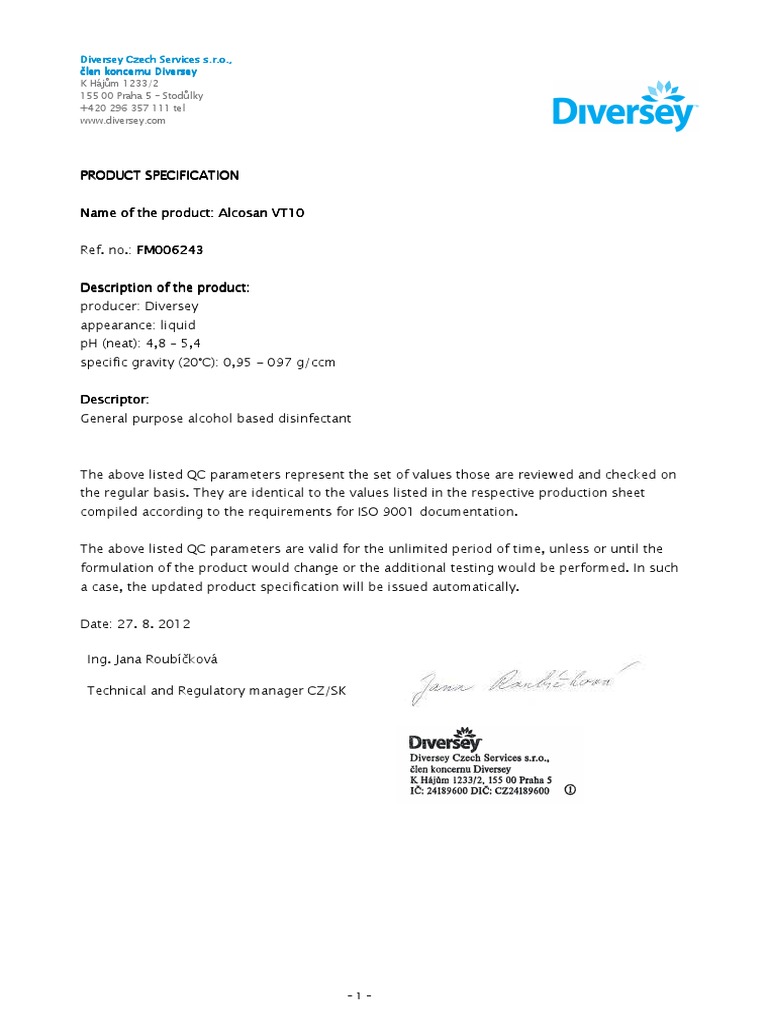 Alcosan VT10 Product Specification | PDF