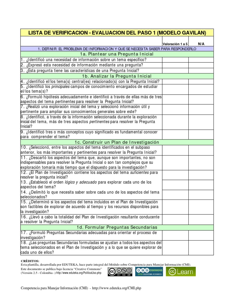 Lista De Verificación Para La Evaluación Del Primer Grado