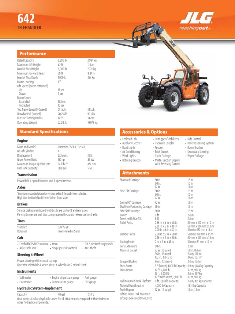 JLG 642 Spec Sheet | PDF | Horsepower | Axle