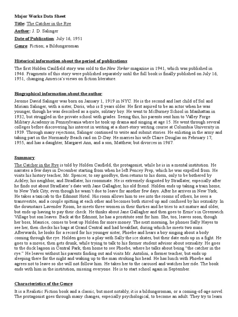 Catcher in The Rye Major Works Data Sheet | PDF | J. D. Salinger