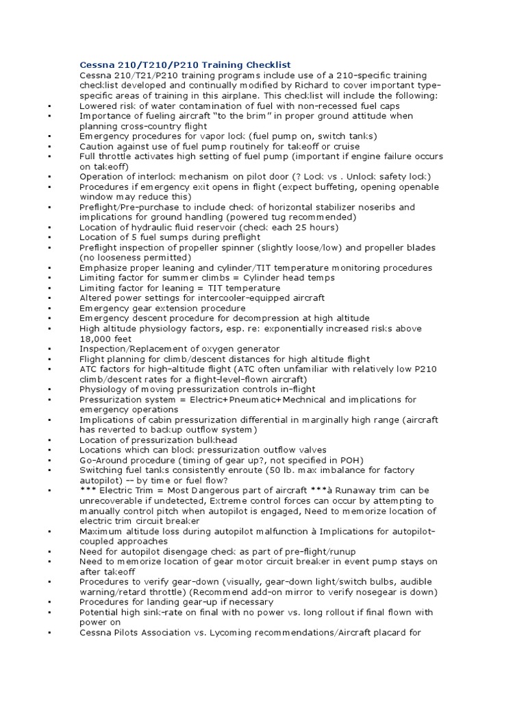 Cessna 210/T210/P210 Training Checklist | PDF | Takeoff | Turbocharger