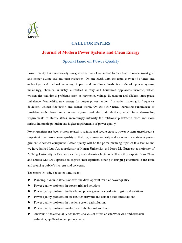 Call for Papers: Power Quality Issue | PDF | Electric Power System ...