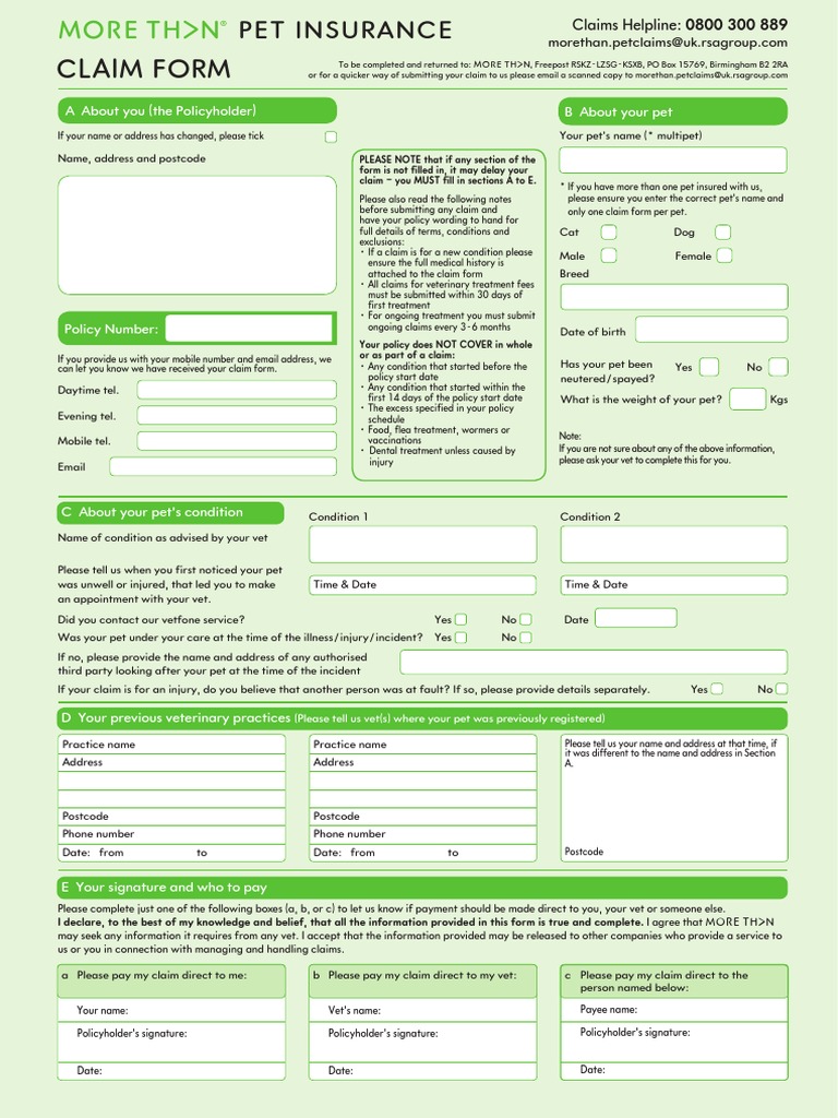 Pet Claims Form 1 | PDF | Health Care | Medicine