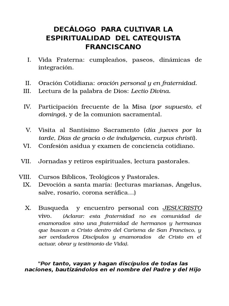 Decalogo para Cultivar La Espiritualidad Del Catequista Franciscano | PDF