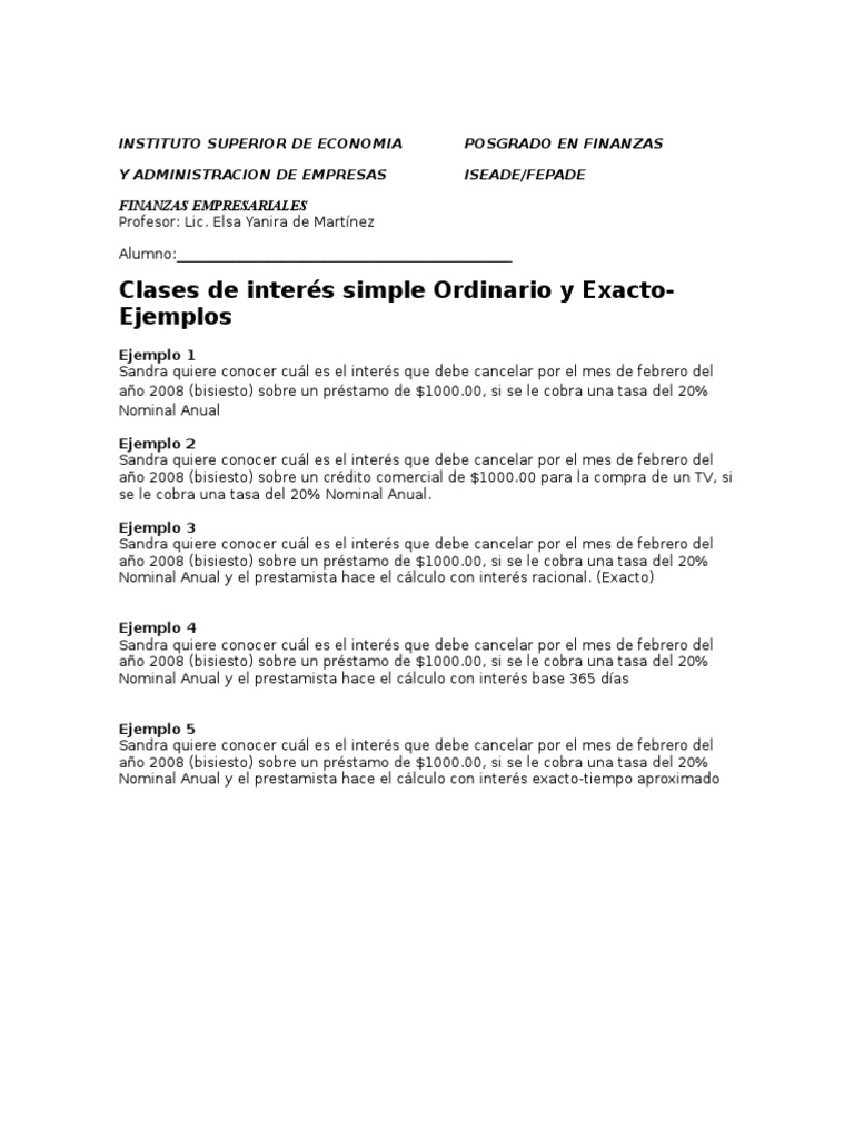 Clases de Interés Simple Ordinario y Exacto Ejercicios | PDF | Interés ...