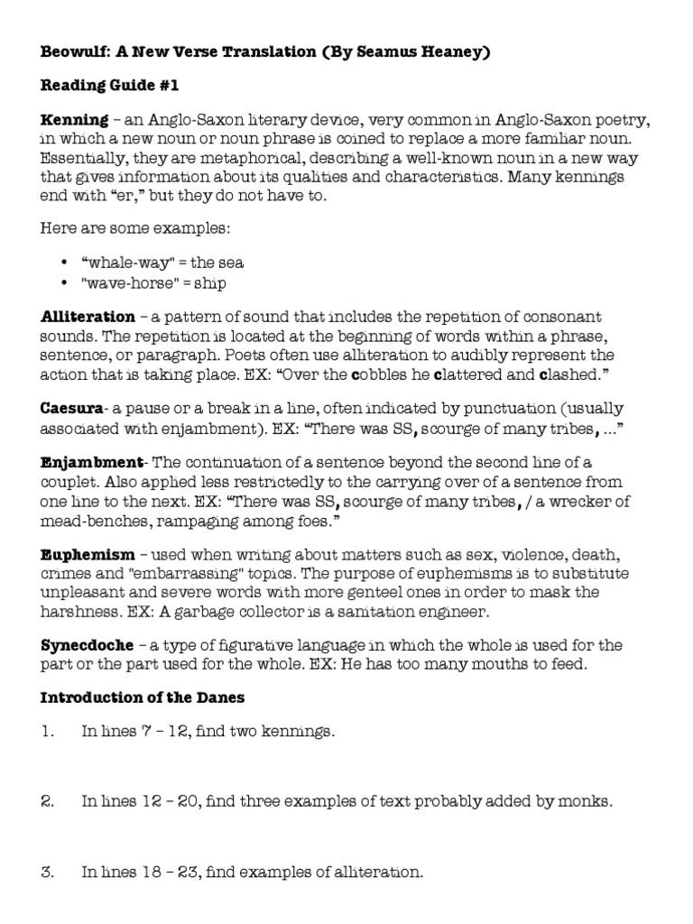 Beowulf Reading Guide-Heaney | PDF | Beowulf | Old English Poems