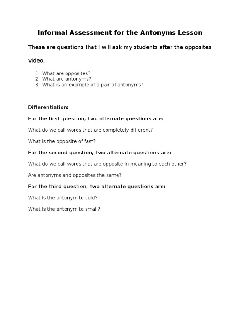 Antonyms Lesson Assessment Questions | PDF