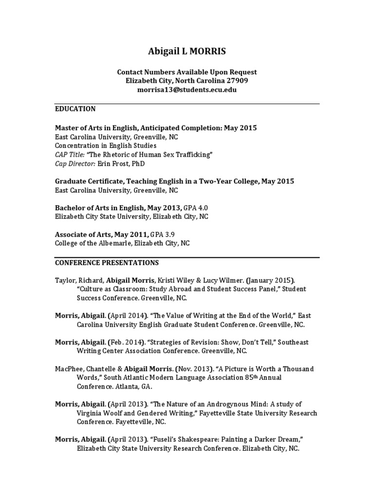 Abigail Morris Curriculum Vitae PDF | PDF | North Carolina | English Studies