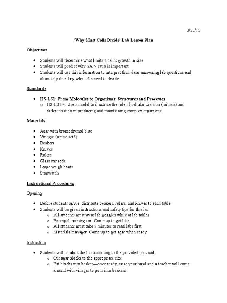 Why Must Cells Divide Lab Lesson Plan | PDF | Science & Mathematics