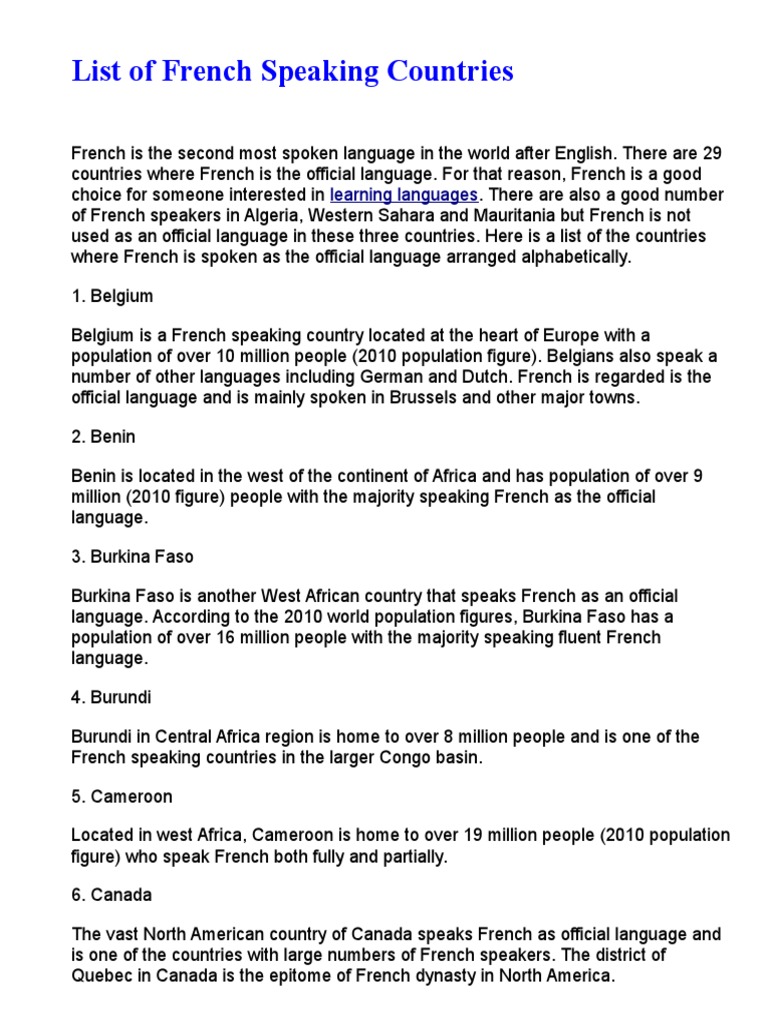 List of French Speaking Countries | PDF | French Language | West Africa