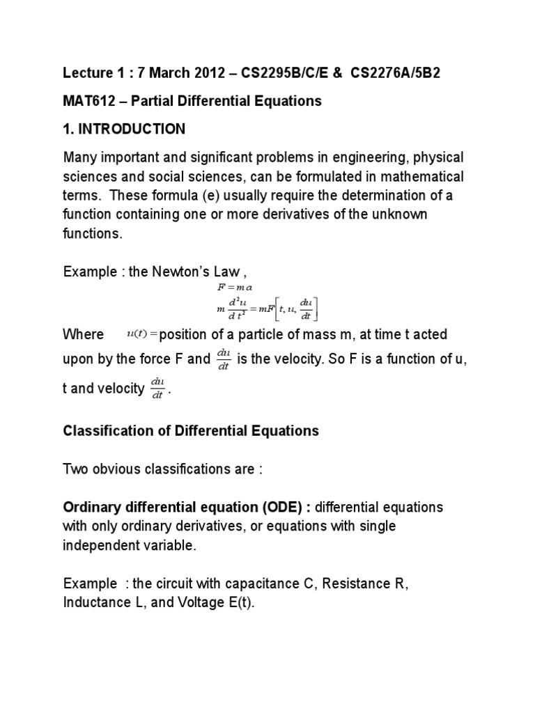 Mat612 Lecture 1 Introduction To Pdes Pdf Partial Differential